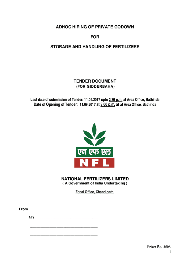 Fillable Online Tender Document for Adhoc Hiring of Private Godown at Gidderbaha District ...