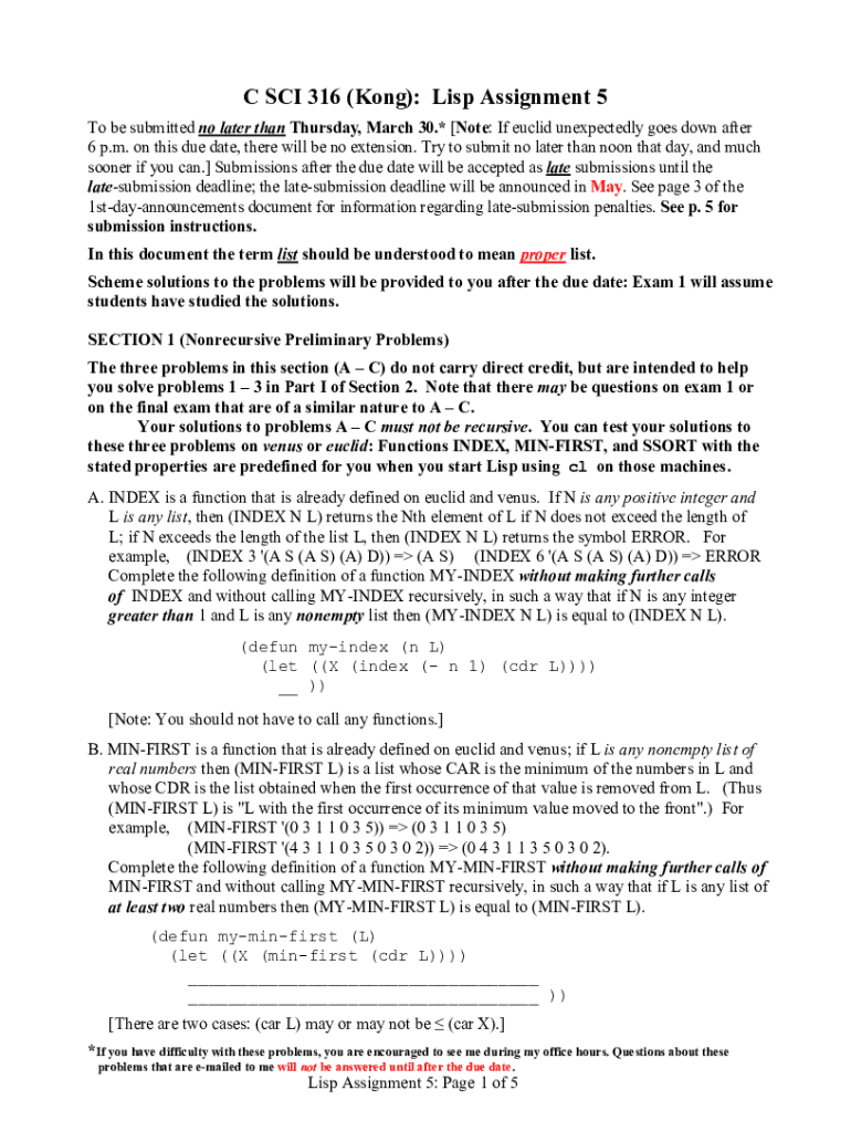 Fillable Online C SCI 316 (Kong): Lisp Assignment 5 Solutions to Fax Email Print - pdfFiller