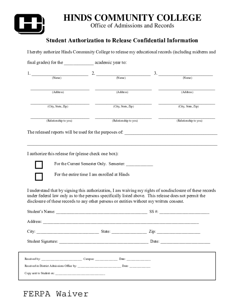 Fillable Online Hinds CC Official FERPA Form Fax Email Print - pdfFiller