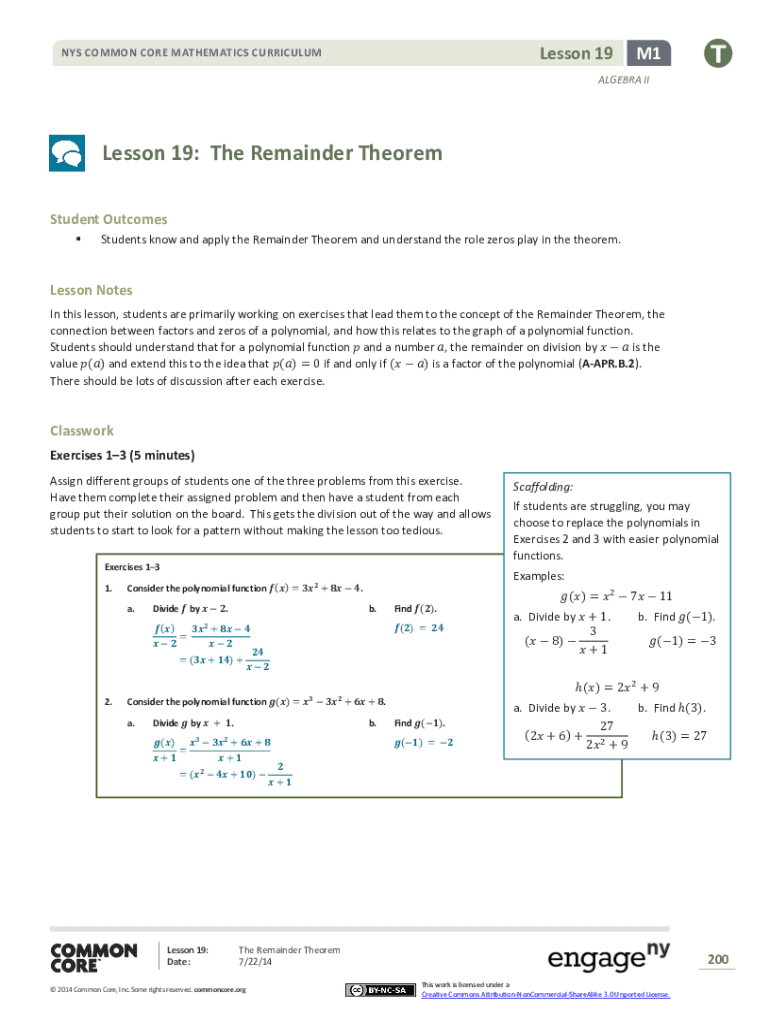 Fillable Online Algebra II Module 1, Topic B, Lesson 19: Teacher ...