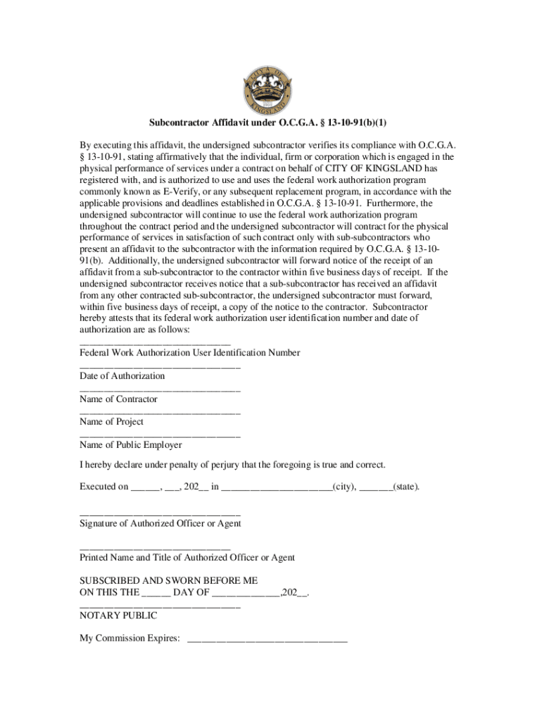Fillable Online Subcontractor Affidavit under O.C.G.A. 13-10-91(b)(1 ...