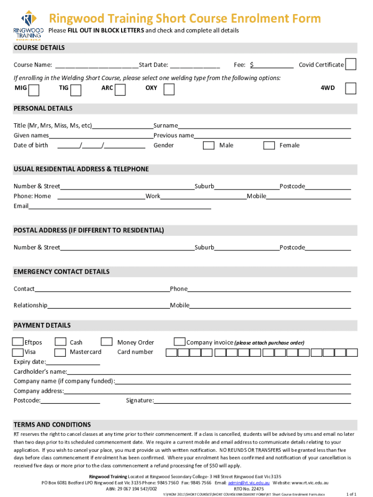 Fillable Online RT-Short-Course-Enrolment-Form. ... Fax Email Print ...