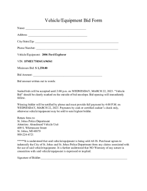 Fillable Online Vehicle Bid Form 06 Explorer Fax Email Print - pdfFiller