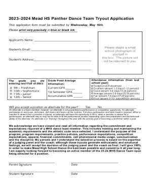 Fillable Online 20232024 Mead HS Panther Dance Team Tryout Application ...