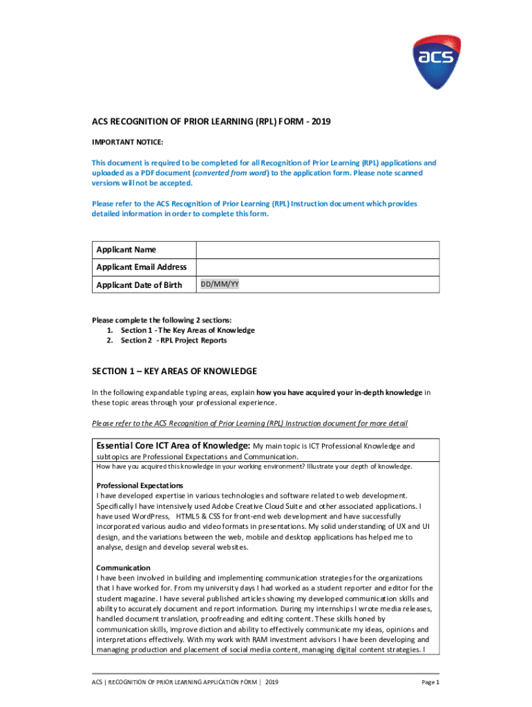 Fillable Online ACS Recognition of Prior Learning (RPL) Form.docx ...