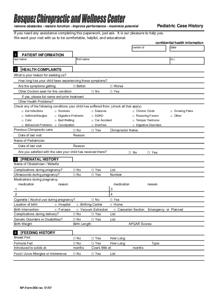Fillable Online BCWC NP-FORM-00 PEDIATRIC Health History.xls Fax Email Print - pdfFiller