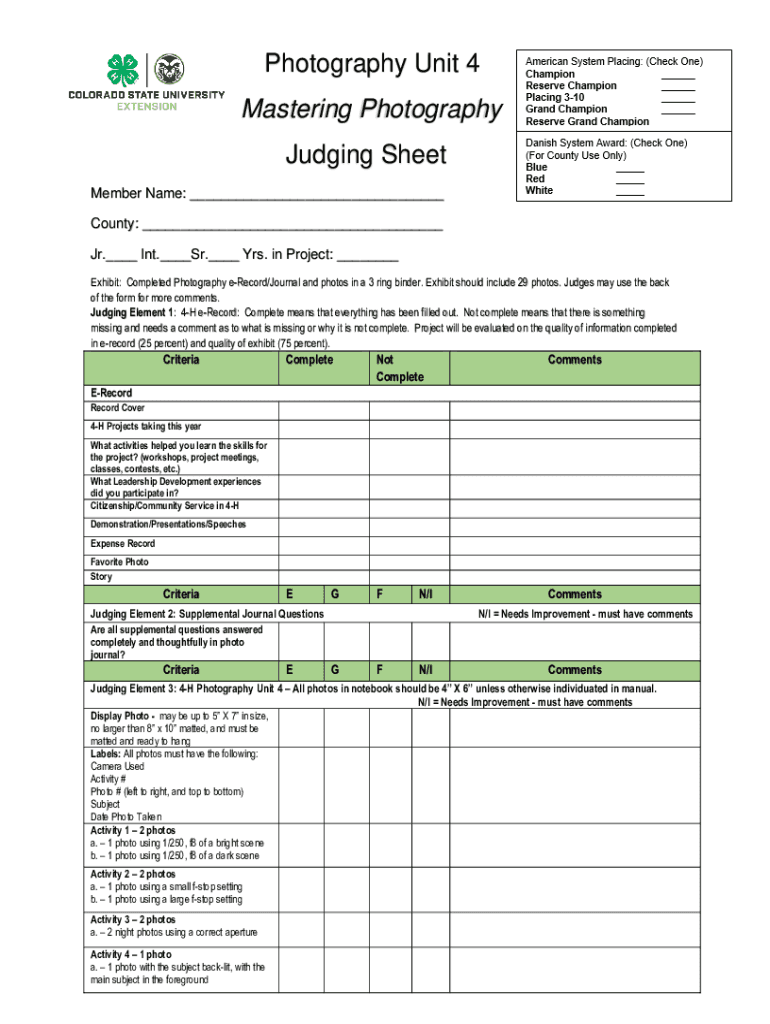 Fillable Online Photography Unit 4 Mastering Photography Judging Sheet ...