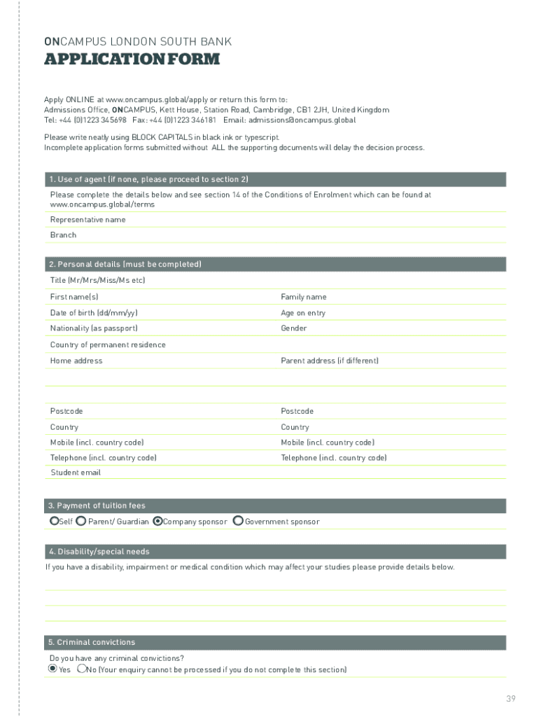 Fillable Online ONCAMPUS LONDON SOUTH BANK APPLICATION FORM Fax Email ...