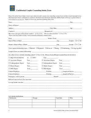 Fillable Online Confidential Couples Counseling Intake Form Fax Email ...