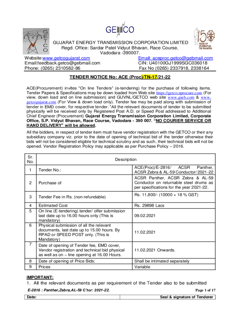 Fillable Online TENDER NOTICE No: ACE(Proc)/TN-01/18-19 Fax Email Print ...