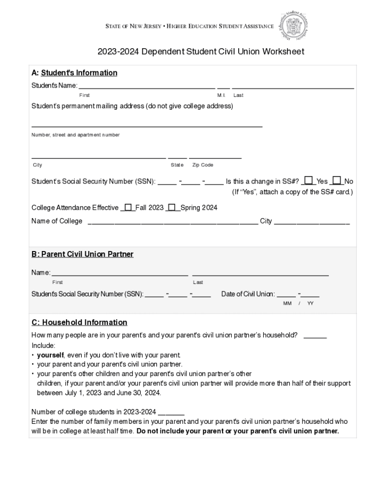 Fillable Online 2023-2024 Independent Student Household Worksheet Fax ...