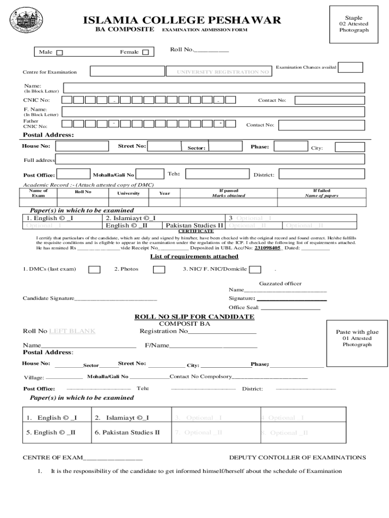 Fillable Online icp edu Examination Admission Form For Fax Email Print ...