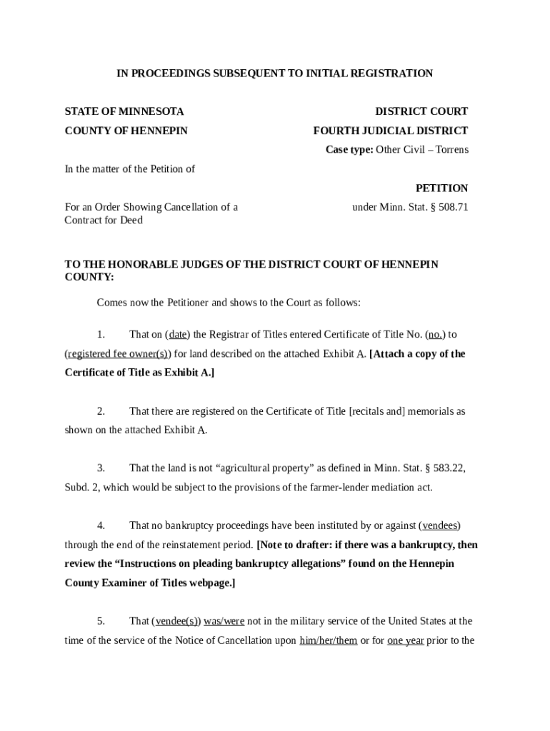 Petition for Cancellation of Contract for Deed Doc Template | pdfFiller