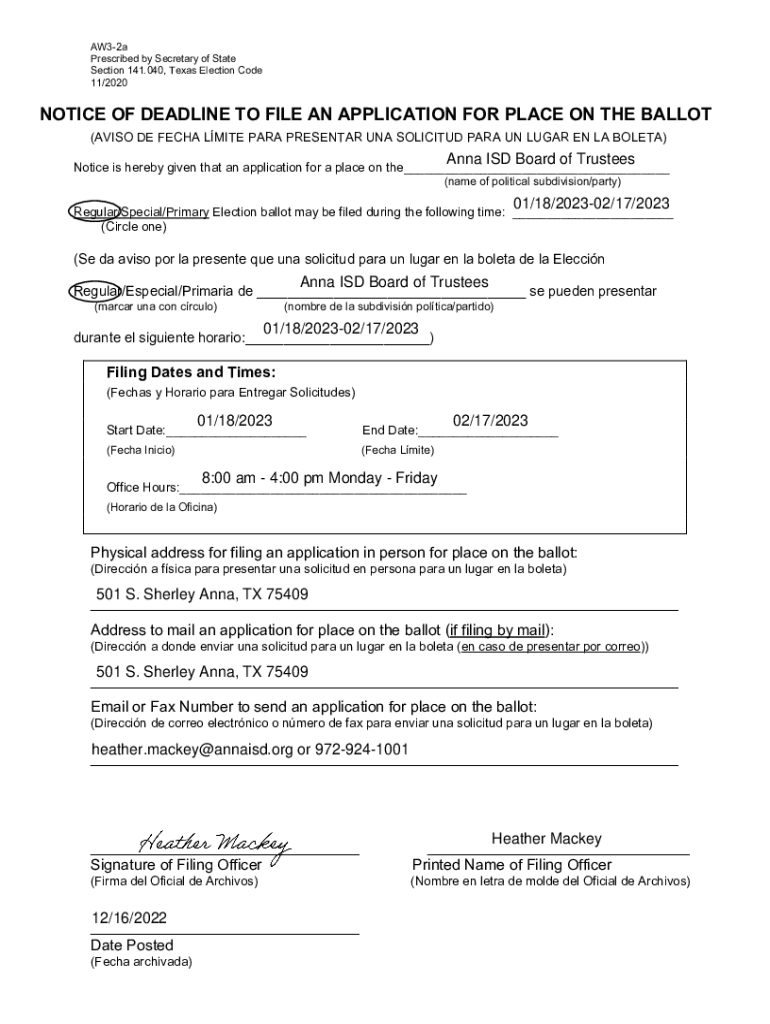 Completable En línea AW3-2A Notice of Deadline to File an Application ...
