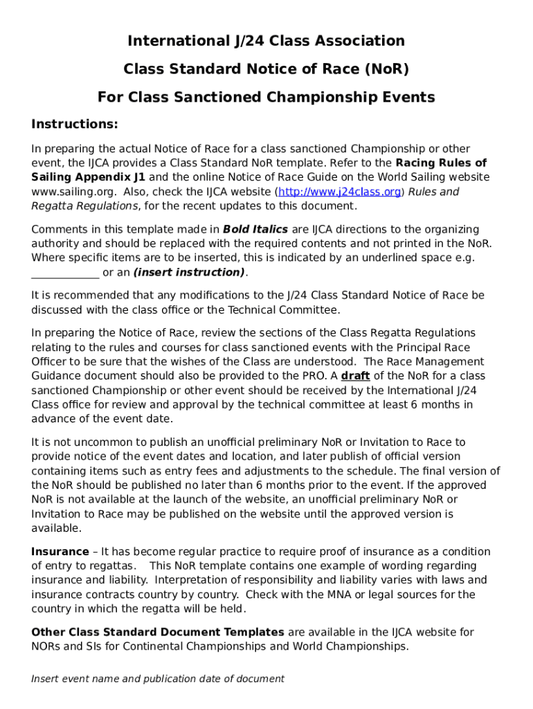 Class Standard Notice of Race (NoR) Doc Template | pdfFiller