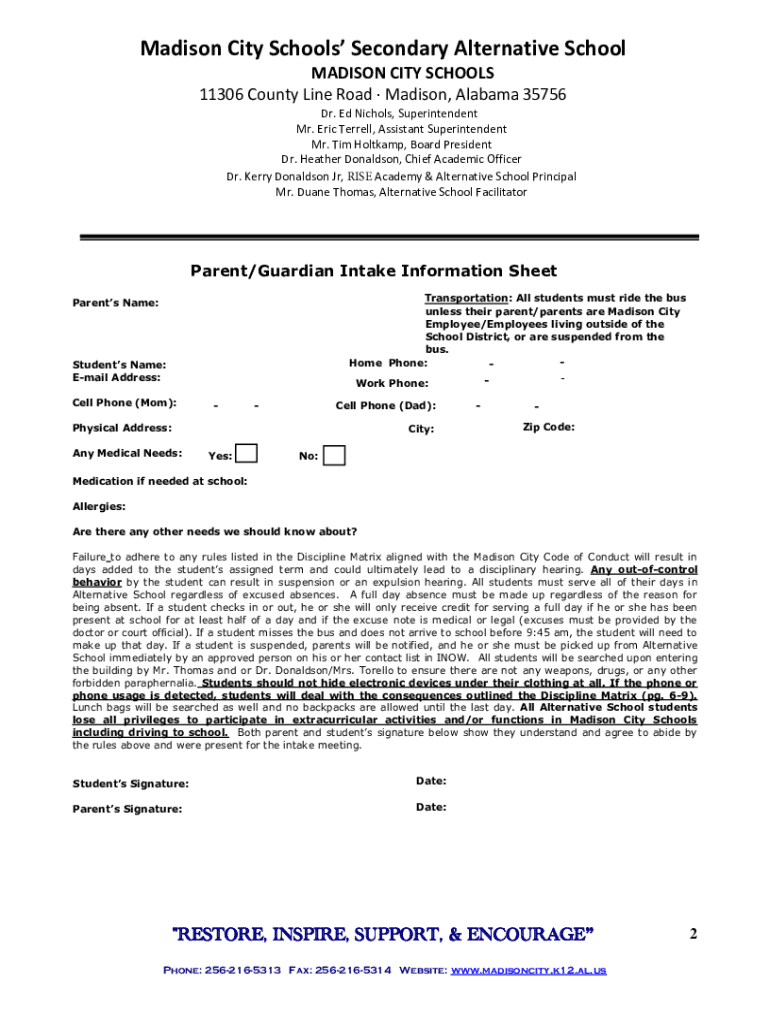 Fillable Online Parent Alternative School Intake Form.pdf Fax Email ...