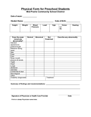 Fillable Online Physical Form for Preschool Students Fax Email Print ...