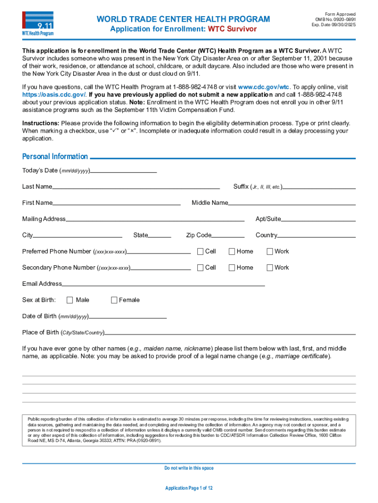 Fillable Online WTCHP Application for Enrollment for WTC Survivor Fax ...