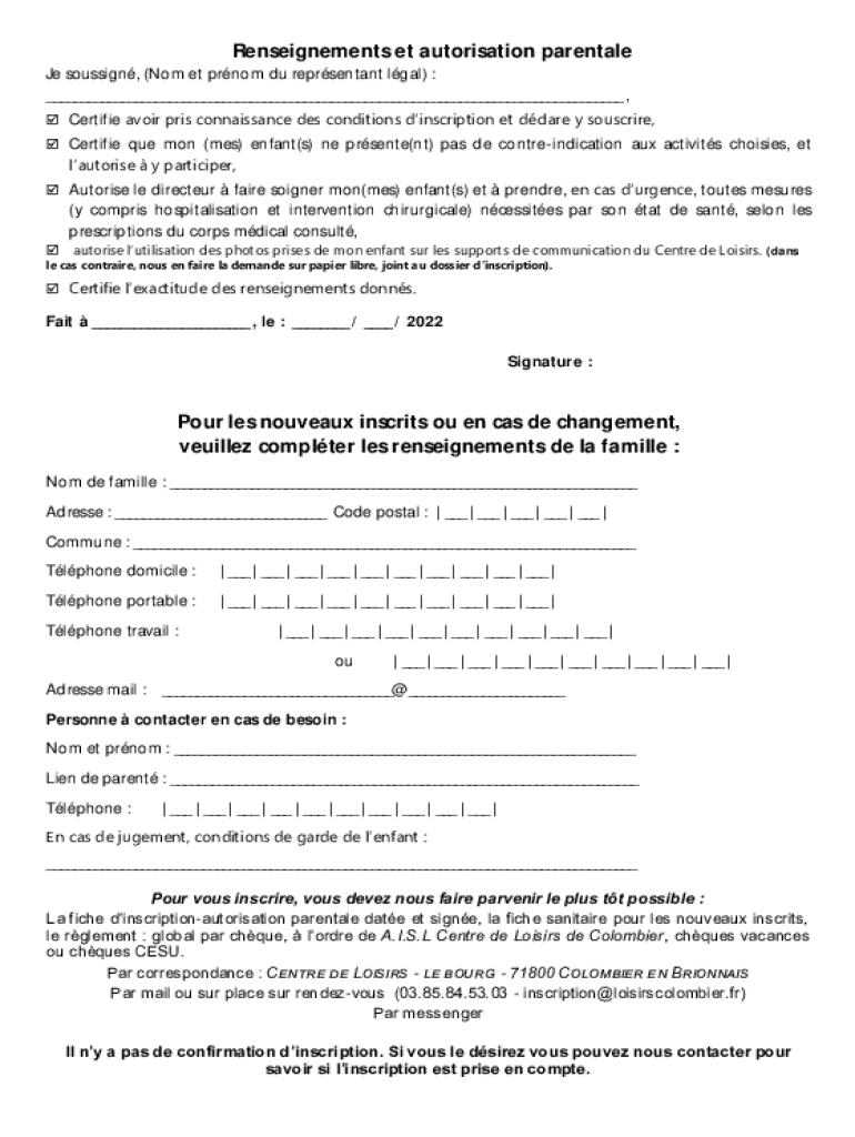 Remplissable En Ligne FICHE D'AUTORISATION PARENTALE Je soussign Titre (M Fax Email Imprimer ...