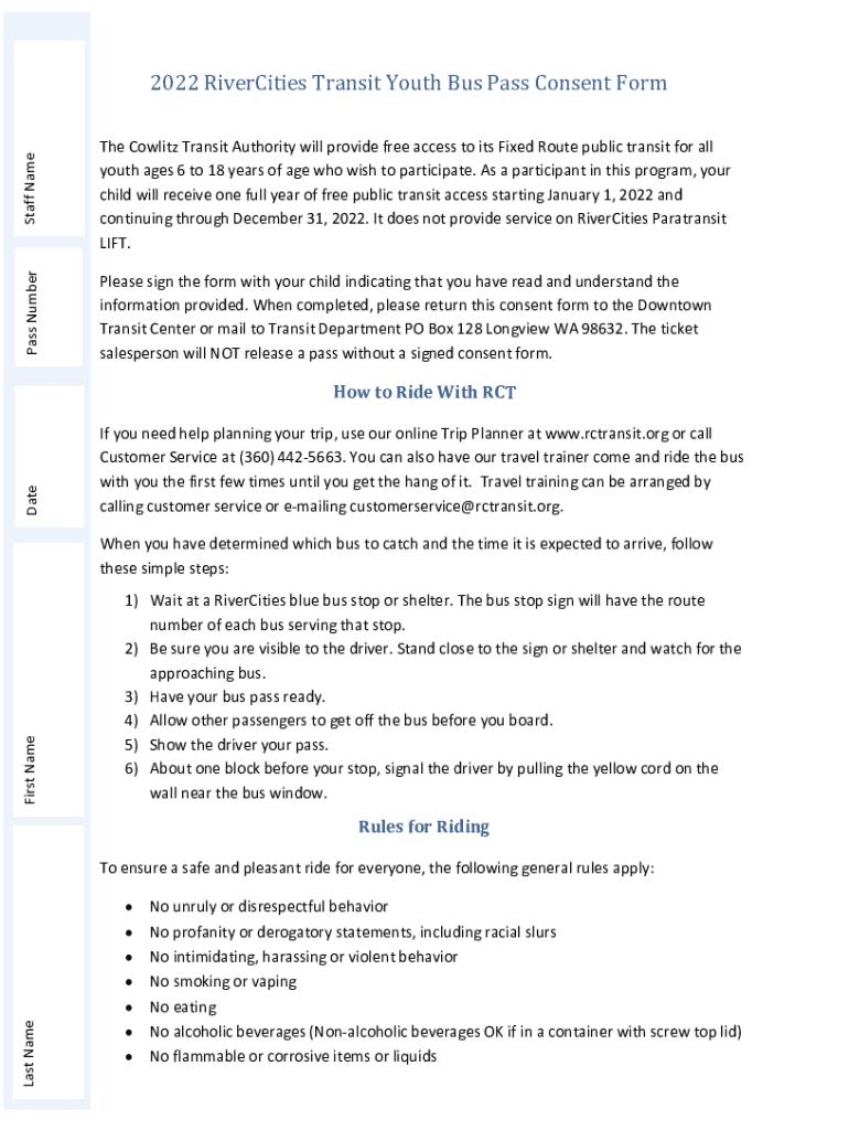 Fillable Online RiverCities Transit Youth Bus Pass Consent Form Jan2022 ...