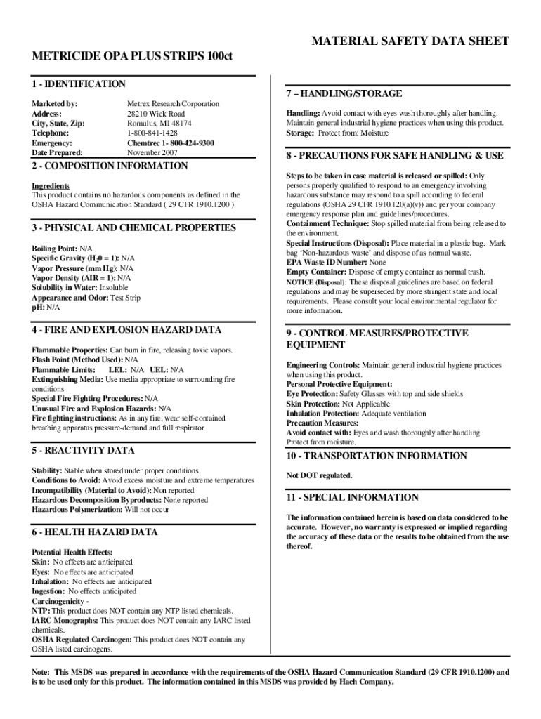 Fillable Online MATERIAL SAFETY DATA SHEET METRICIDE OPA PLUS ... Fax ...