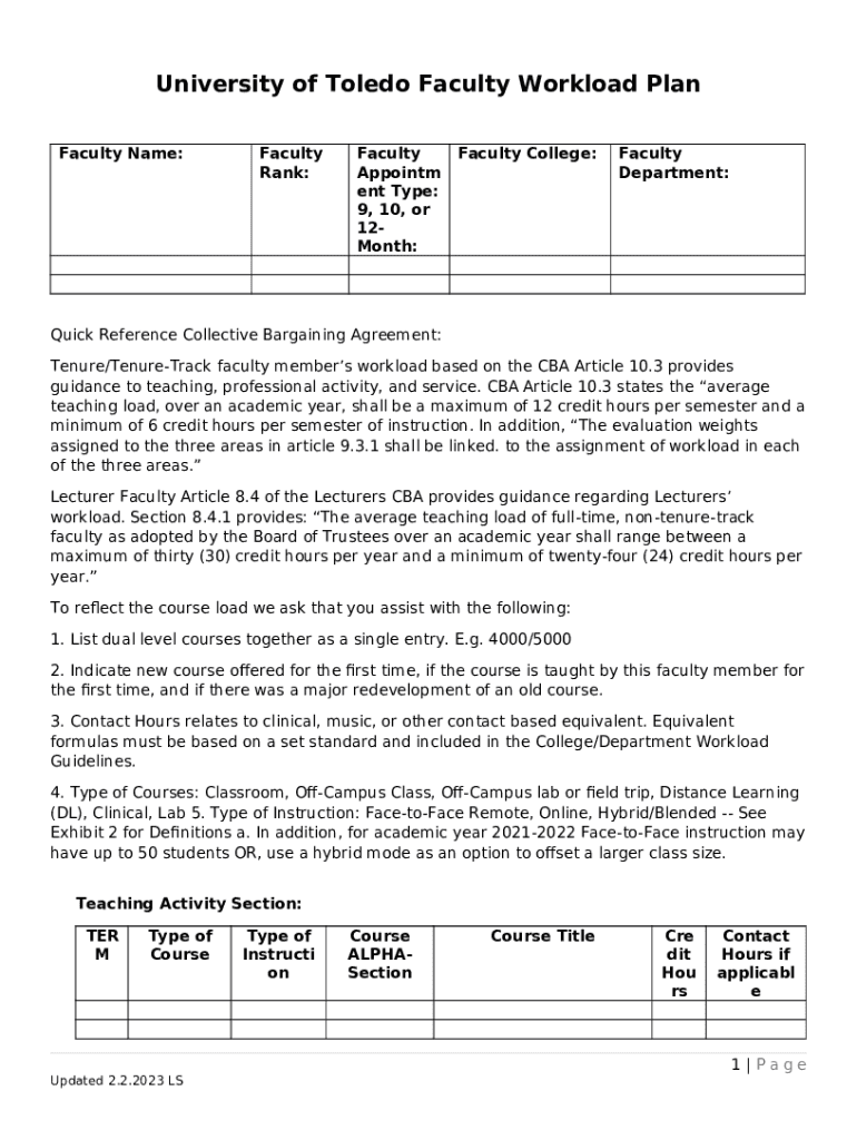 Faculty Workload -Word version Doc Template | pdfFiller