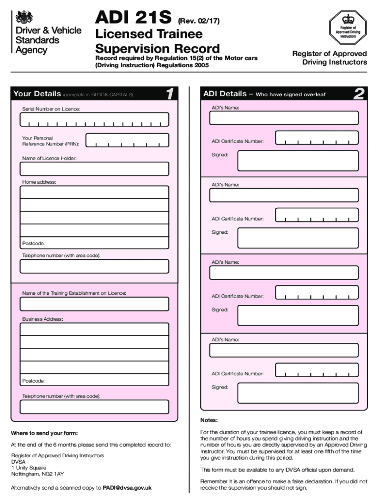 Fillable Online Licensed trainee driving instructor supervision record (ADI 21S). You need to ...