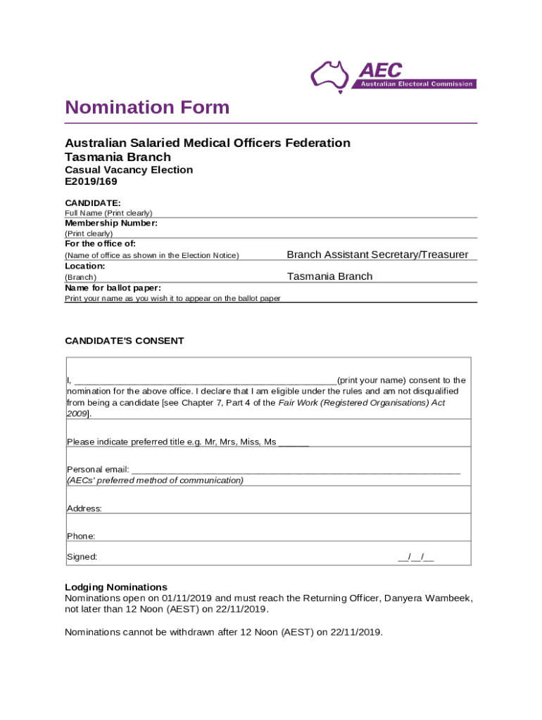 Worksite Representative Casual Vacancy Nomination Doc Template | pdfFiller