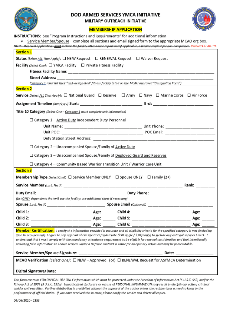Fillable Online DOD MWR Armed Services YMCA Military Outreach ...