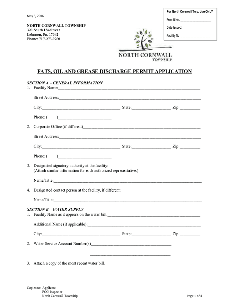 Fillable Online FOG DISCHARGE PERMIT APPLICATION Fax Email Print ...
