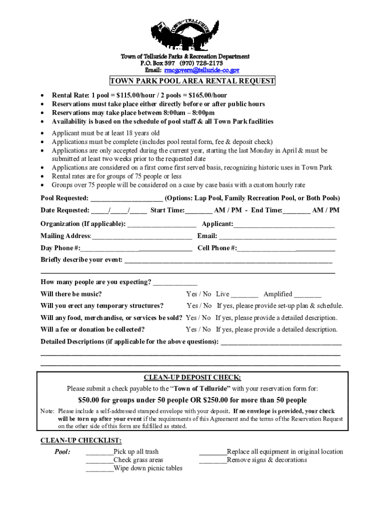 Fillable Online TOWN PARK POOL AREA RENTAL REQUEST $50.00 for groups ...