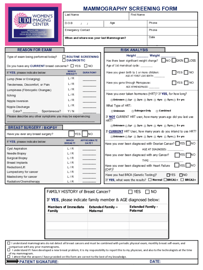 Fillable Online MAMMOGRAPHY SCREENING FORM Fax Email Print - pdfFiller