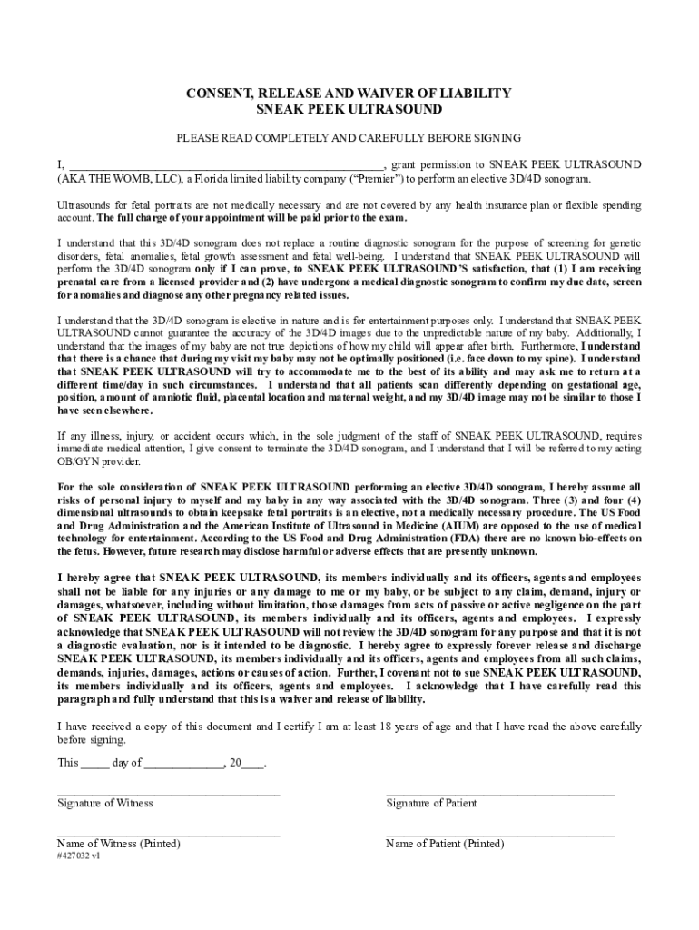 Fillable Online Appointment Consent FormSneak Peek Keepsake Ultrasound ...