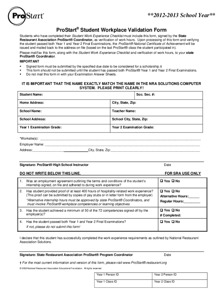 Fillable Online Pro Start Student Workplace Validation Form Fax Email Print - pdfFiller