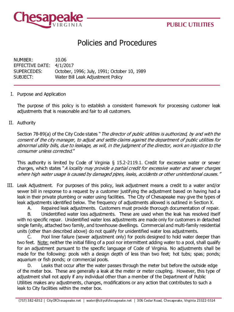Fillable Online Water Bill Adjustment Policy 1. Background and Purpose ...