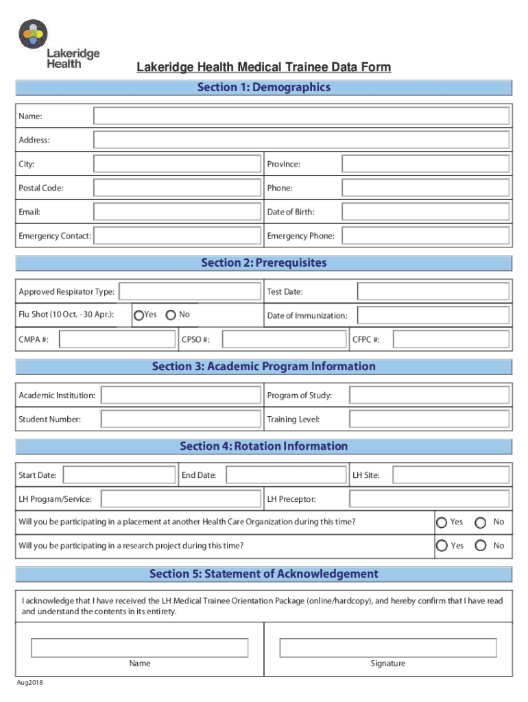 Fillable Online Lakeridge Health Medical Trainee Data Form Section 1 ...