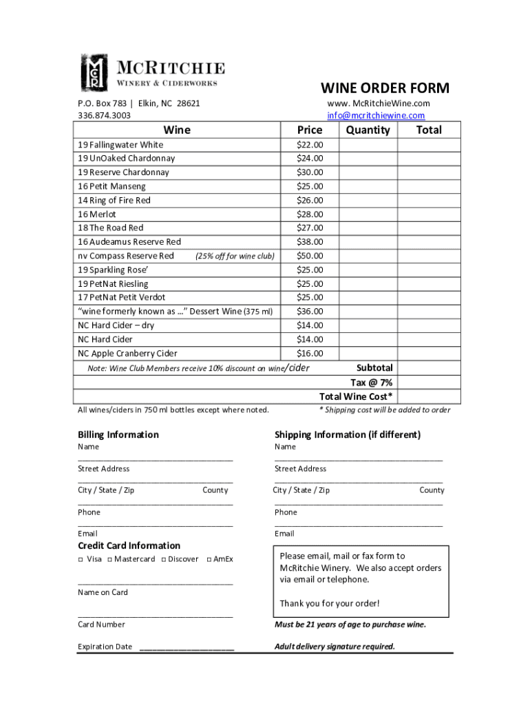 Fillable Online WINE ORDER FORM Fax Email Print - pdfFiller
