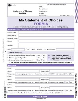 Fillable Online metrosouth health qld gov Statement Of Choices - FORM A ...