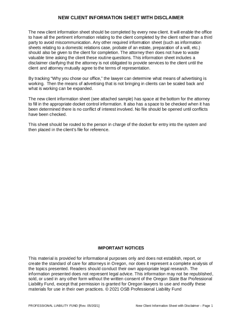 new client ination sheet with disclaimer Doc Template | pdfFiller