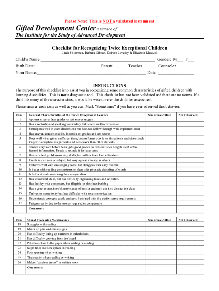 Fillable Online Parent/Teacher/Counselor Checklist for Recognizing ...