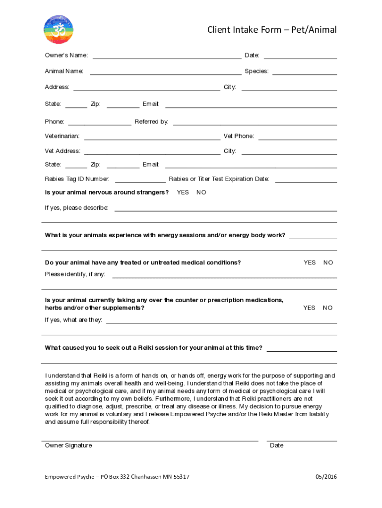 Fillable Online Animal Intake FormEmpowered Psyche.docx Fax Email Print ...