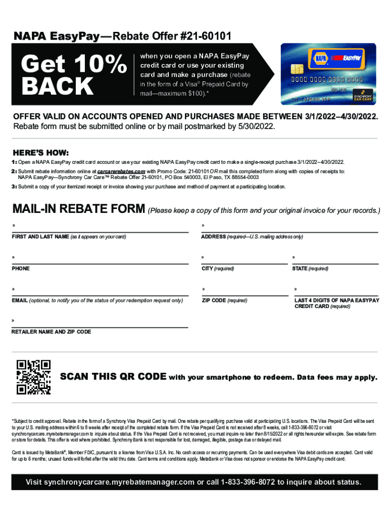 Fillable Online NAPA EASYPAYRebate Form - Get a $75 Fax Email Print ...