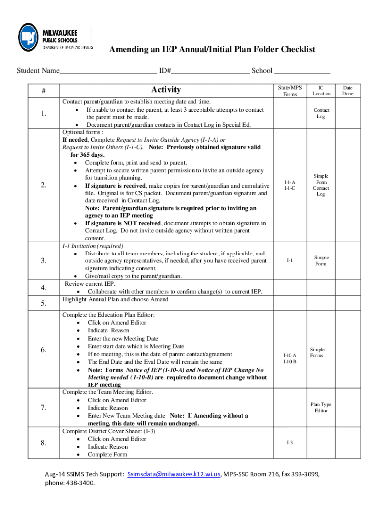 Fillable Online Amending an IEP Annual/Initial Plan Folder Checklist ...