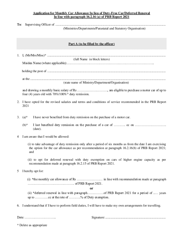 Fillable Online Application Form for Month Car Allowance in lieu of duty-free car Fax Email ...