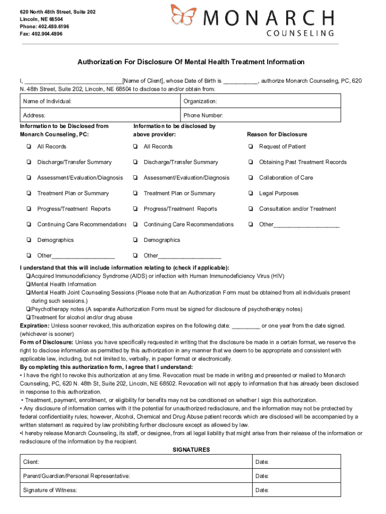 Fillable Online Authorization For Disclosure Of Mental Health Treatment ...