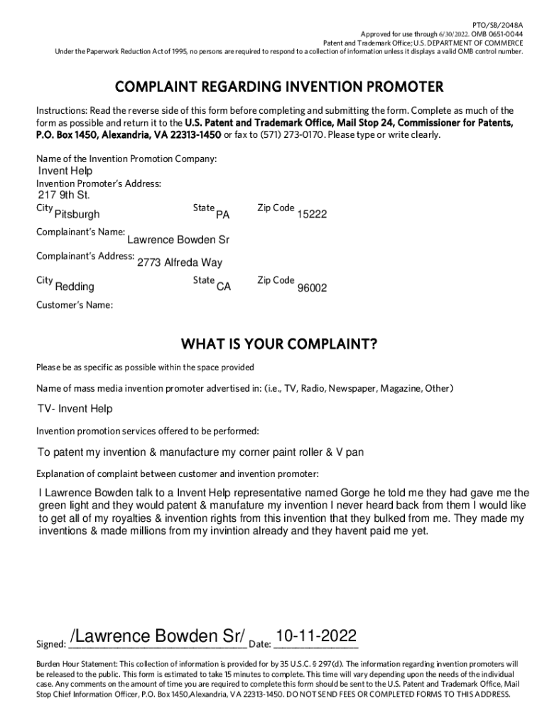 Fillable Online COMPLAINT REGARDING INVENTION PROMOTER ... Fax Email ...