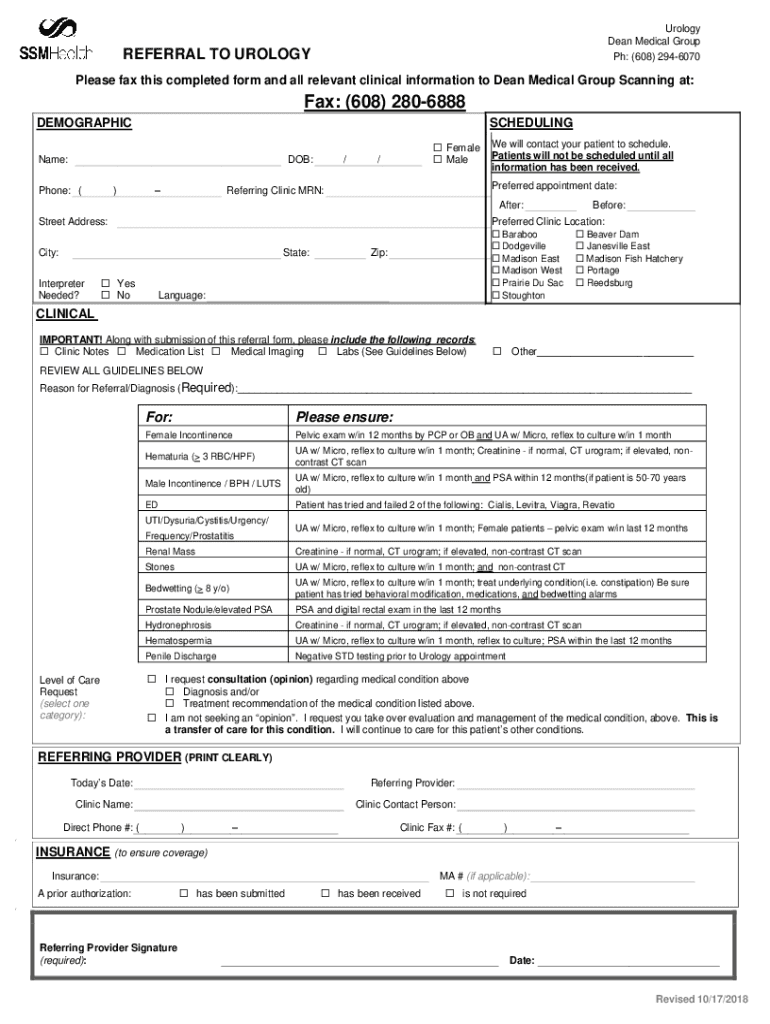 Fillable Online dean-medical-group-urology-referral-form Fax Email ...