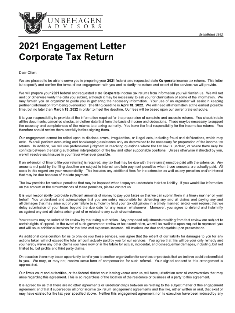 Fillable Online 2021 Engagement Letter Corporate Tax Return Fax Email ...