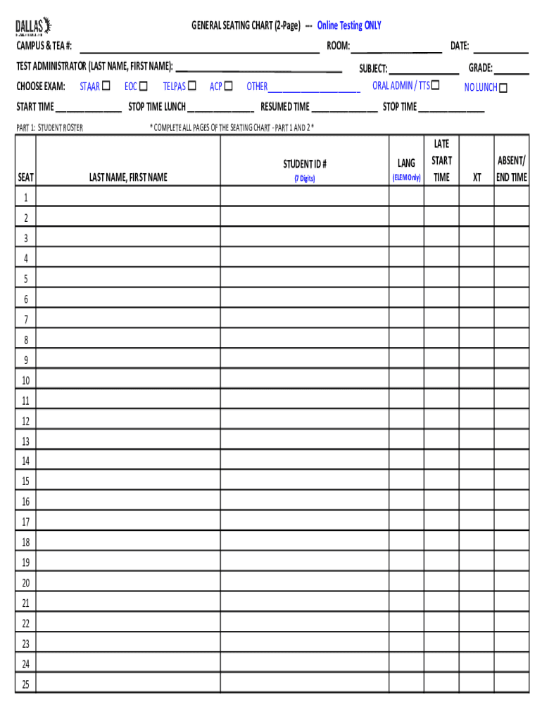 Fillable Online assessment dallasisd Seating Policy and Seating Charts ...
