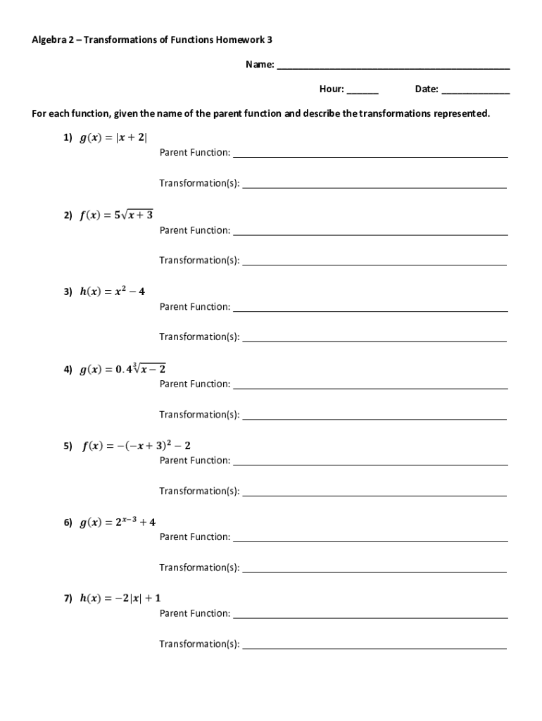 Fillable Online Parent Function Homework Worksheet Fax Email Print ...